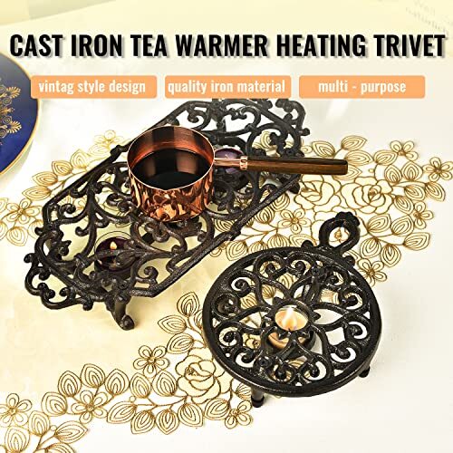 Cast Iron Teapot Warmer Dish Cups Heater Pot Trivet Rustic & Graceful ...