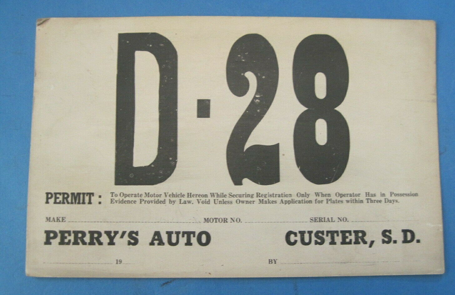 Perry's Auto Custer South Dakota Temporary license plate old 1930's ...