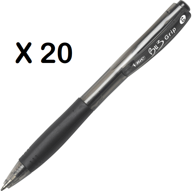 Bic Bu3 Grip Black Blue Ink Biro Pens Retractable Medium Ballpoint ...