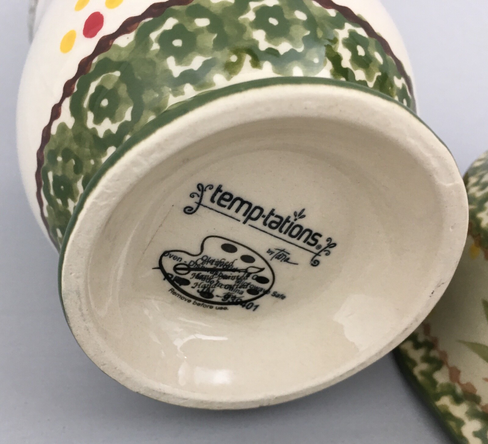 TEMPTATIONS By Tara Old World Green Coffee Mugs w/Lids and Pie Plates ...