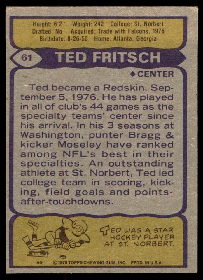 1979 TOPPS TED FRITSCH . WASHINGTON REDSKINS #61 | eBay