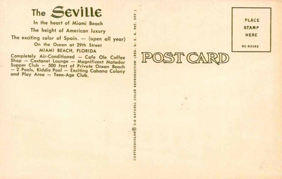 Miami Beach The Seville Hotel Motel Postcard | eBay