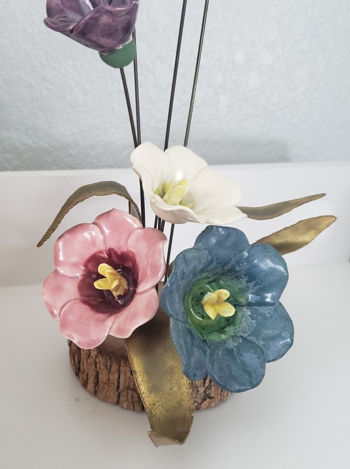 VTG Floral MCM Art Sculpture Winifred Cole Ceramic Metal Wood Brutalist ...