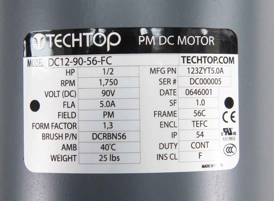 Techtop DC12-90-56-FC Electric Motor 1/2 HP 1750 Rpm 90 Volt DC 56C ...