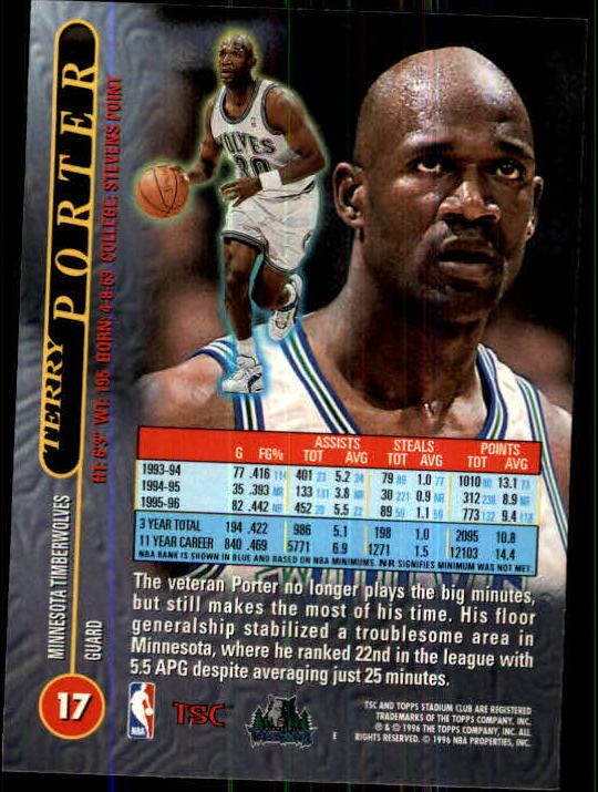 1996-97 Stadium Club Minnesota Timberwolves Basketball Card #17 Terry ...