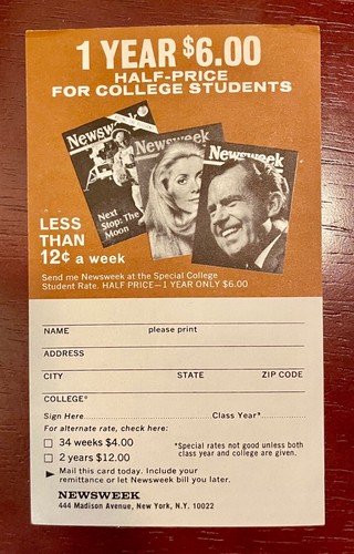 Vintage 1974 Newsweek Magazine Subscription Card College Special ...
