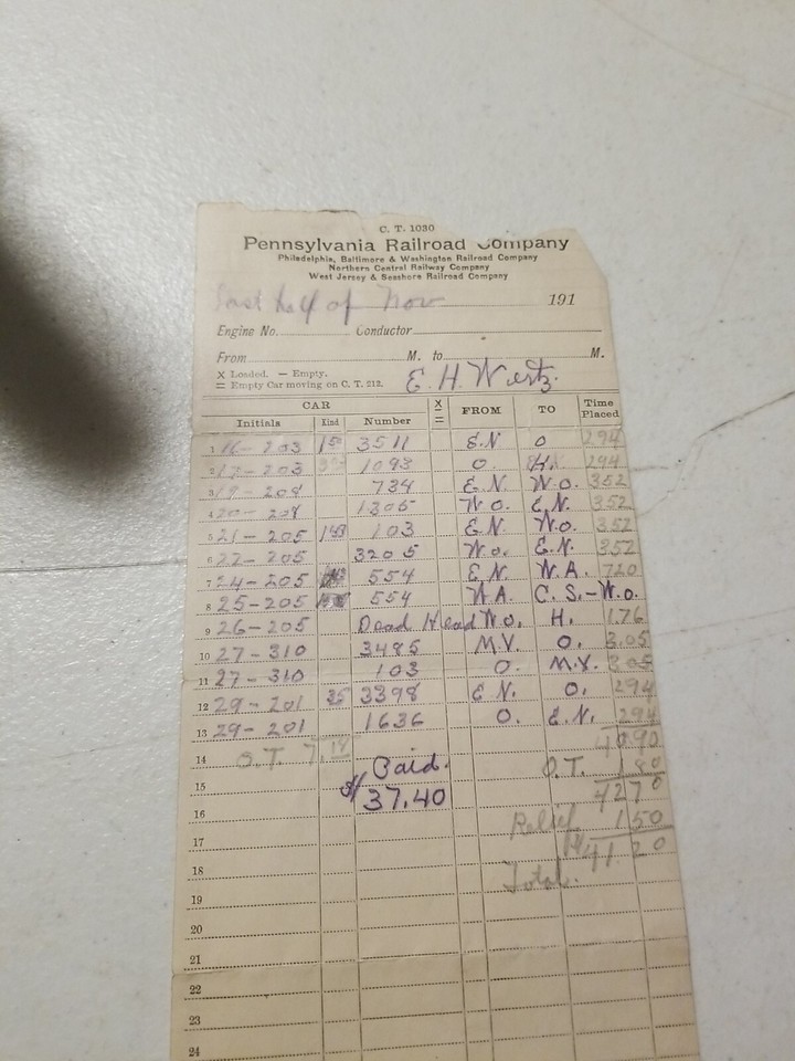 Vintage 1910's Pennsylvania Railroad Worker's Time Card Sheet. Paycheck ...