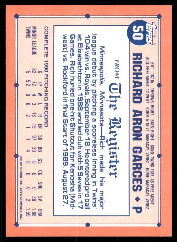 1990 Topps Major League Debut Rich Garces Minnesota Twins #50 | eBay