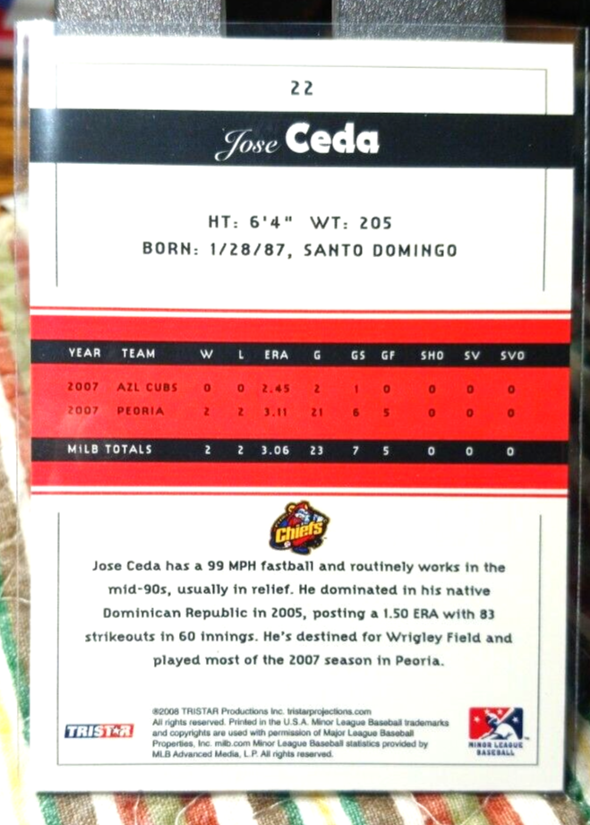 2008 TRISTAR Projections Baseball Card of Jose Ceda #22 (NM) Free Rtns ...