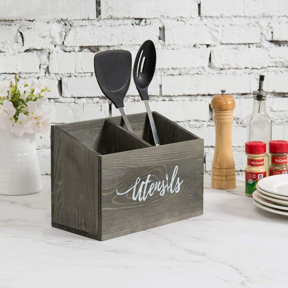 2-Compartment Rustic Gray Solid Wood Cooking Utensils Kitchen Organizer ...