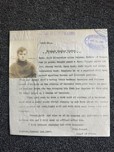 1909 Robbery Wanted poster flyer photo greek hustler SF police ...