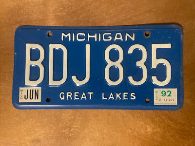 1992 Michigan License Plate Great Lakes Blue # BDJ 835 | eBay