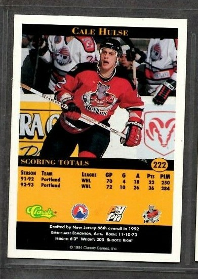 1994 Classic #222 Cale Hulse River Rats Tough Hockey Signed Autograph ...