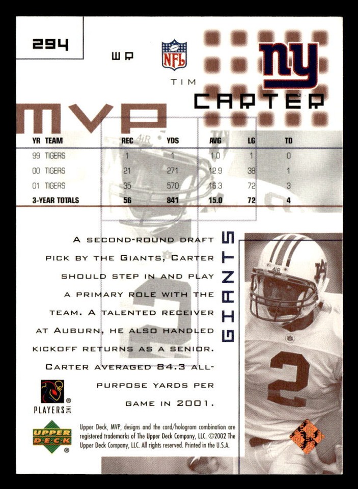 Tim Carter 2002 Upper Deck MVP Rookie Card #294 Auburn Tigers | eBay