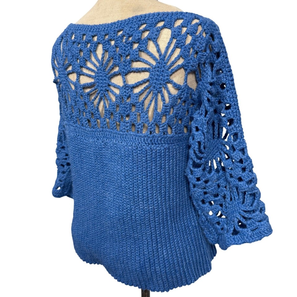 Women M Blue Crochet Starburst Knit Sweater Top 3/4 Bell Sleeve Boho ...
