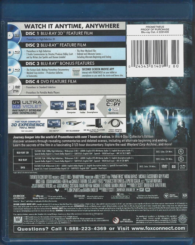 PROMETHEUS 3D (3D BLU-RAY DISC ONLY - 2012) GOOD USED ~ NOOMI RAPACE, GUY PEARCE 24543814092 | eBay