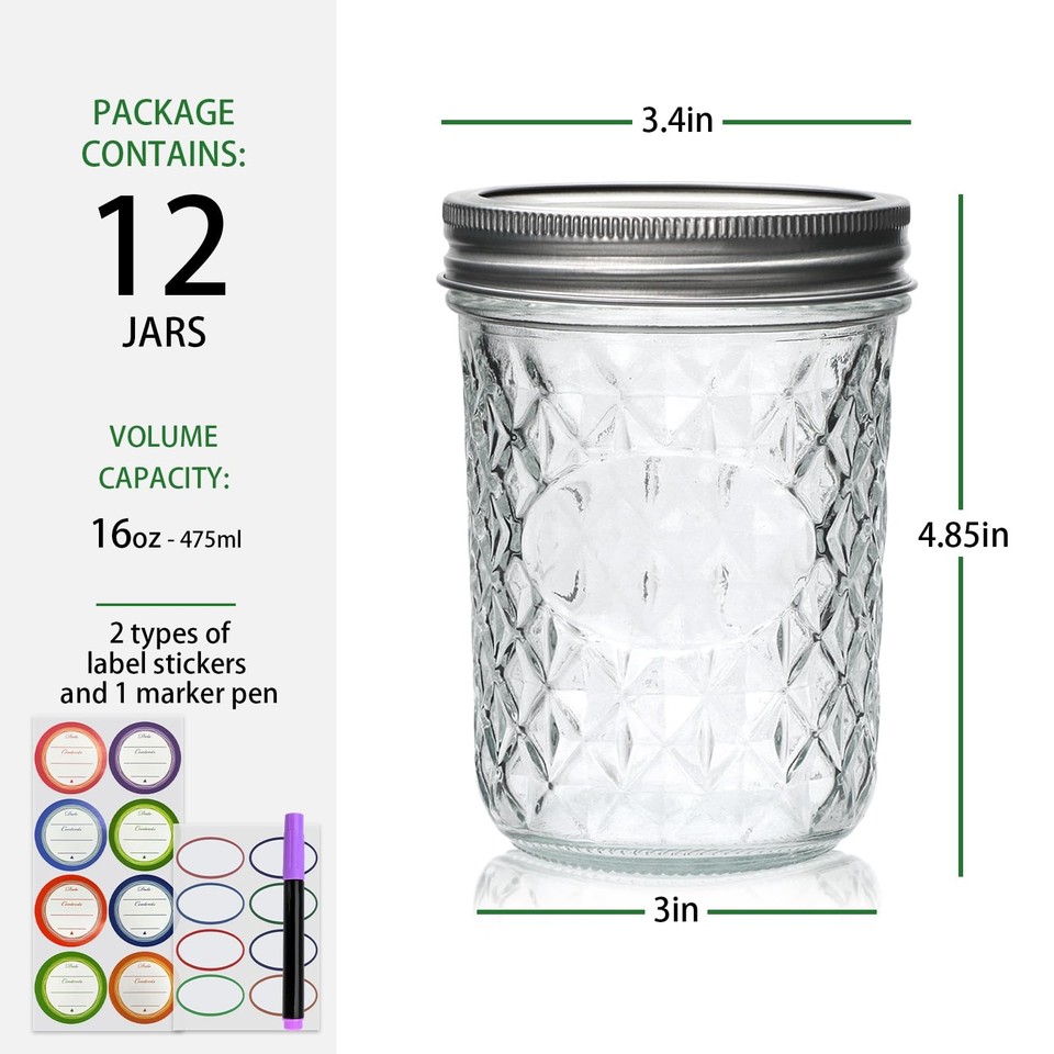Wide Mouth Mason Jars 12Pack,Mason Jars 16 oz with Lids,Canning Jars with Met... | eBay