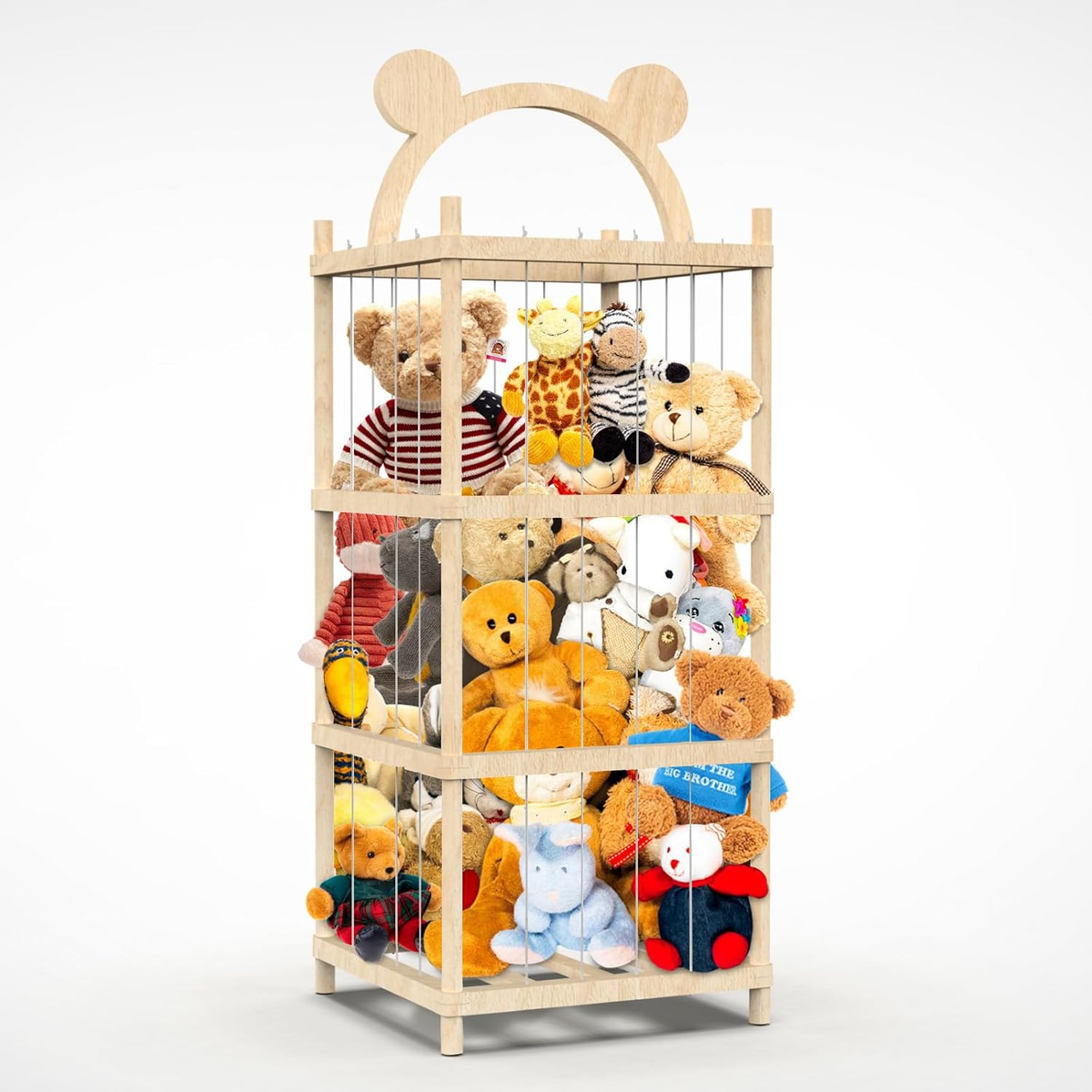 Toy Organizer Wooden Stuffed Animal Storage Zoo – 3-Tier Display Cage ...