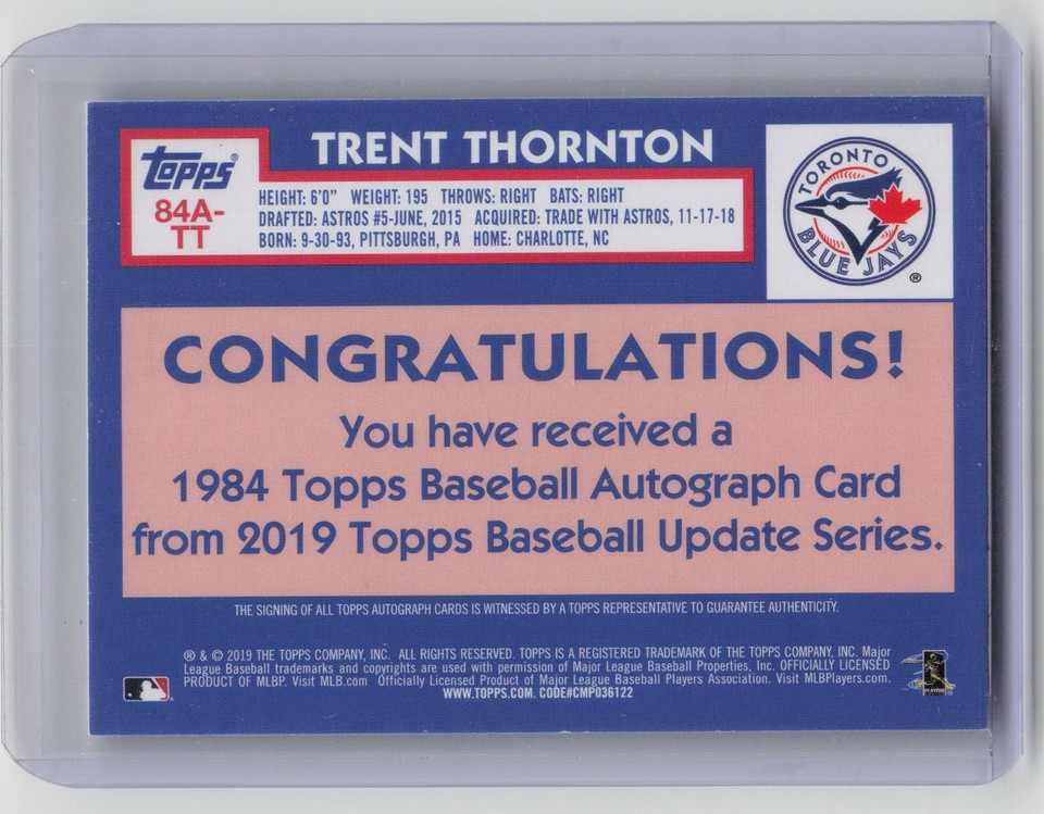 2019 Topps Update #84A-TT Trent Thornton 1984 Topps Baseball Autographs ...