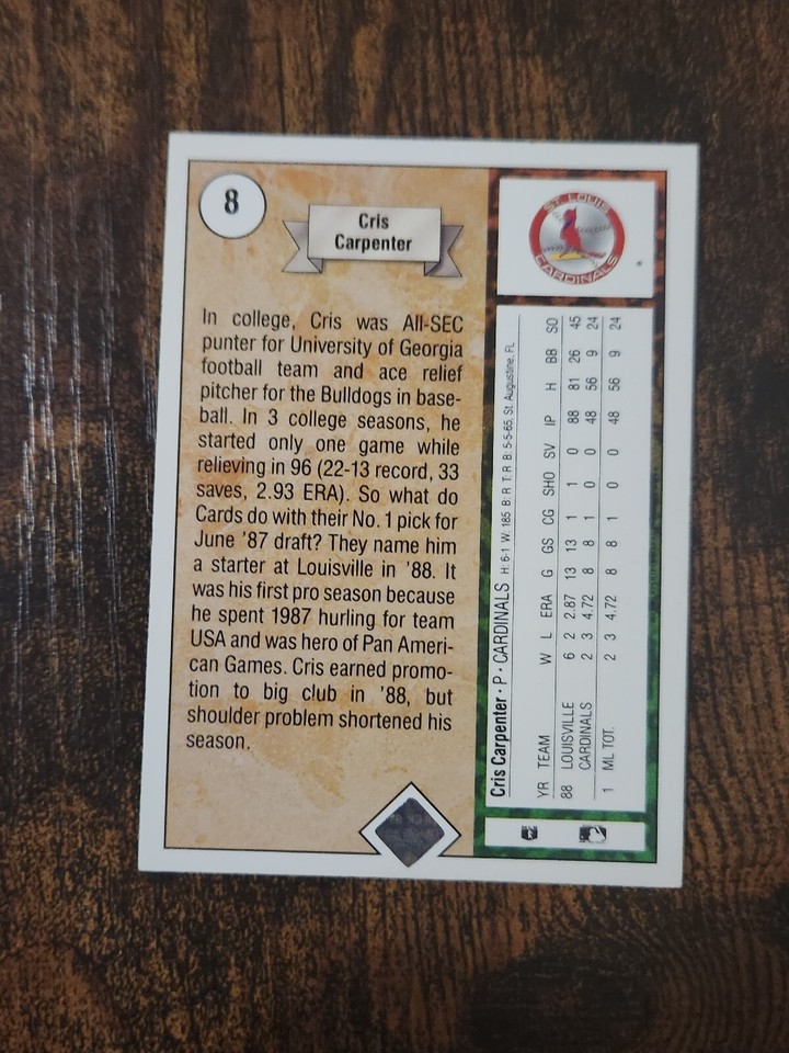 1989 Upper Deck #Chris Carpenter Rookie St. Louis Cardinals - Nice Card ...