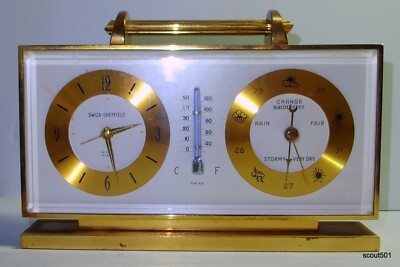 Vintage Swiza Sheffield Desktop Combo Alarm Clock Barometer Thermometer ...