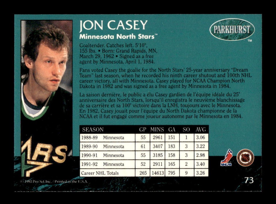 1992 Parkhurst Jon Casey #73 | eBay