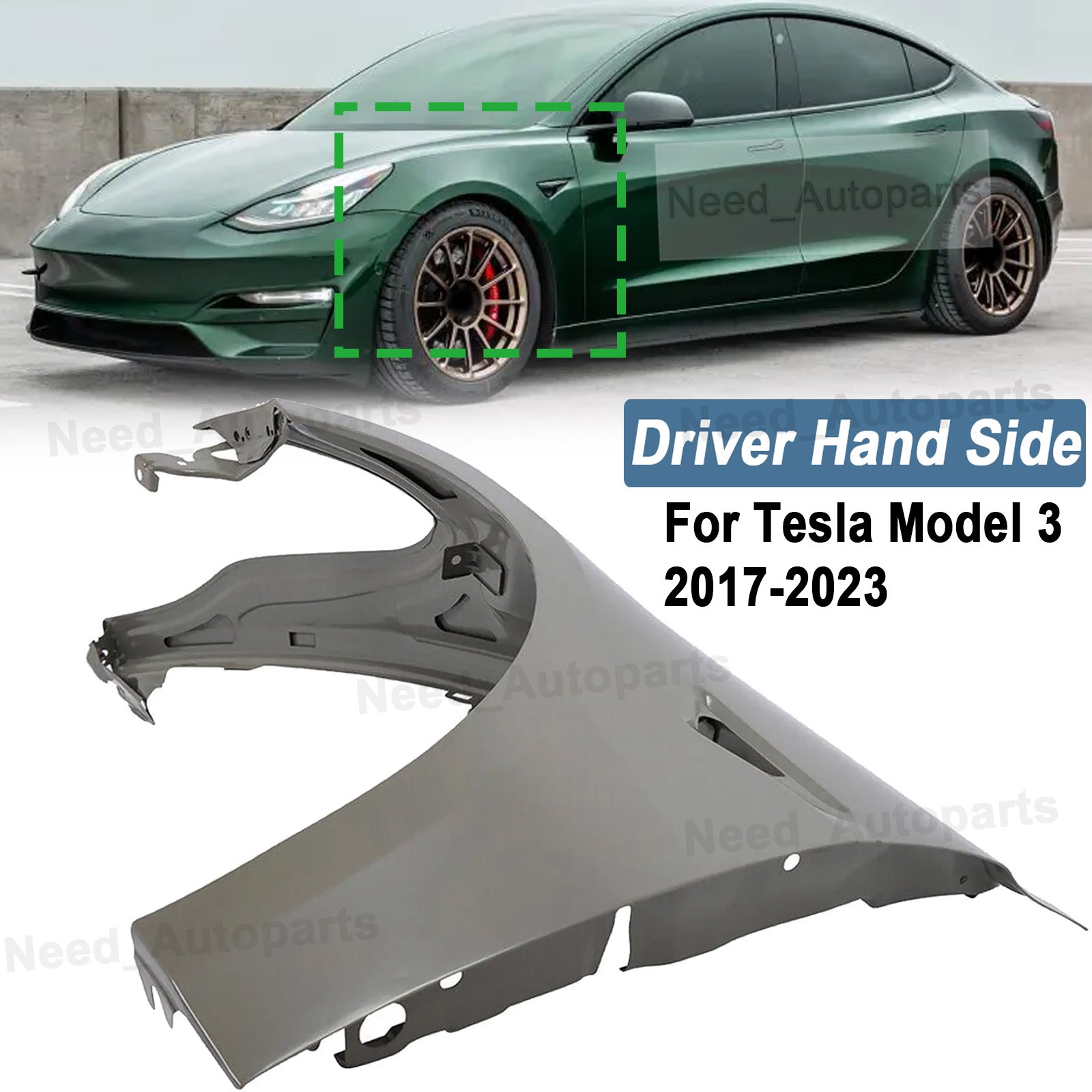 For 2017 to 2023 Tesla Model 3 Front Driver-Side Fender Primed Grey ...