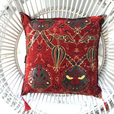 CUSHION TURKISH TAPESTRY FILLED RED METALLIC PEWTER THREAD WITH TASSELS ...