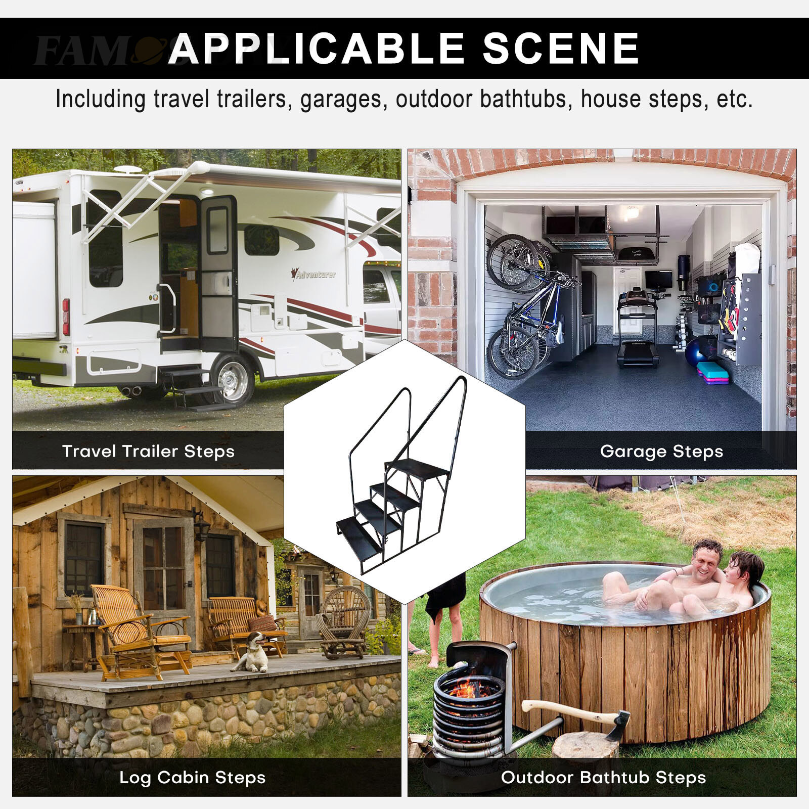 Steel RV Steps w/ 2 Handrails Hot Tub Step Camper Outdoor Stair Over ...