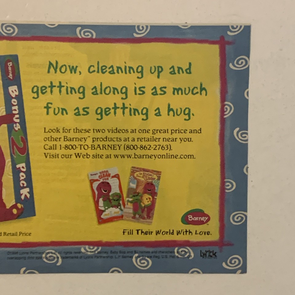 1998 Barney VHS Promo PRINT AD Good Clean Fun VTG 1990s Purple Dinosaur ...
