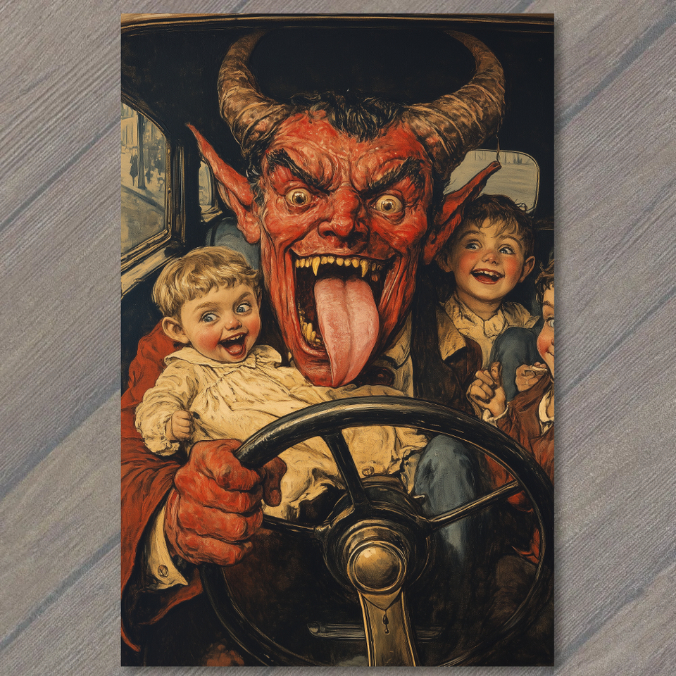 FLATCARD Devil Driving Family Fun Chaos Humor Children Artwork Retro ...