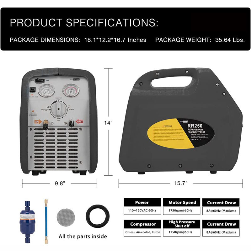 110-120V AC 3/4HP Single Cylinder Portable Refrigerant Recovery Machine ...