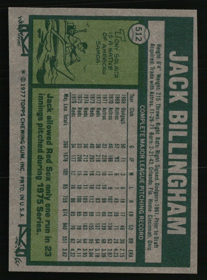 Jack Billingham 1977 Topps #512 BASEBALL Card | eBay