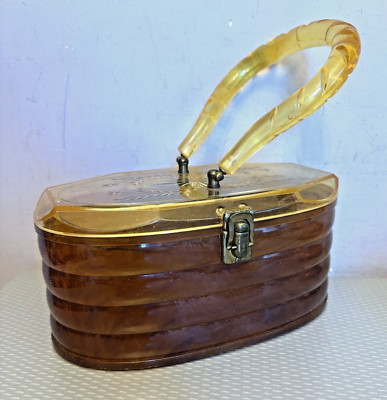 50s vintage Lucite Plastic Box Purse Clear Honey Amber Reverse Carved ...