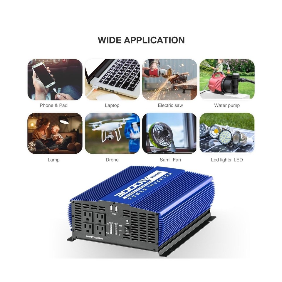 Kinverch 3000W Power Inverter 12V DC to 110V AC Car Battery Inverter ...