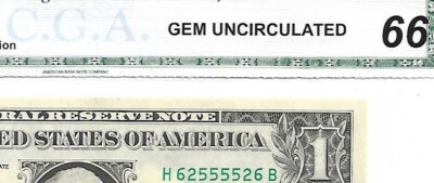 GRADED CGA GEM Unc 66 - 1977 $1 FRN Fancy S/N RADAR Note - H62555526B ...
