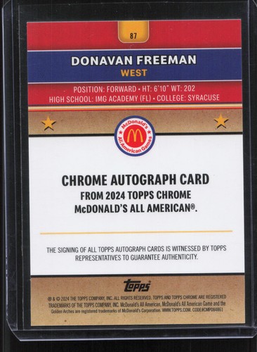 2024 Topps Chrome McDonald's All-American #87 Donovan Freeman Refractor ...