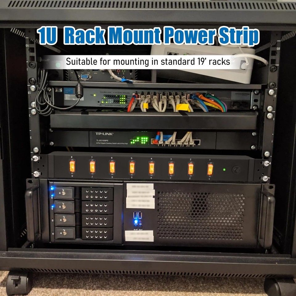 1U Rack Mount Surge Protection, 8 Outlet PDU Power Strip, Metal ...