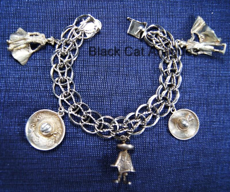 Amazing Vintage Sterling Silver Theme Mexican/Spanish Charm Bracelet w ...