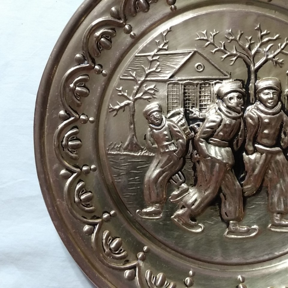Pair Vintage Brass Embossed Wall Plaques Dutch Skaters Scene 10" 1950's ...