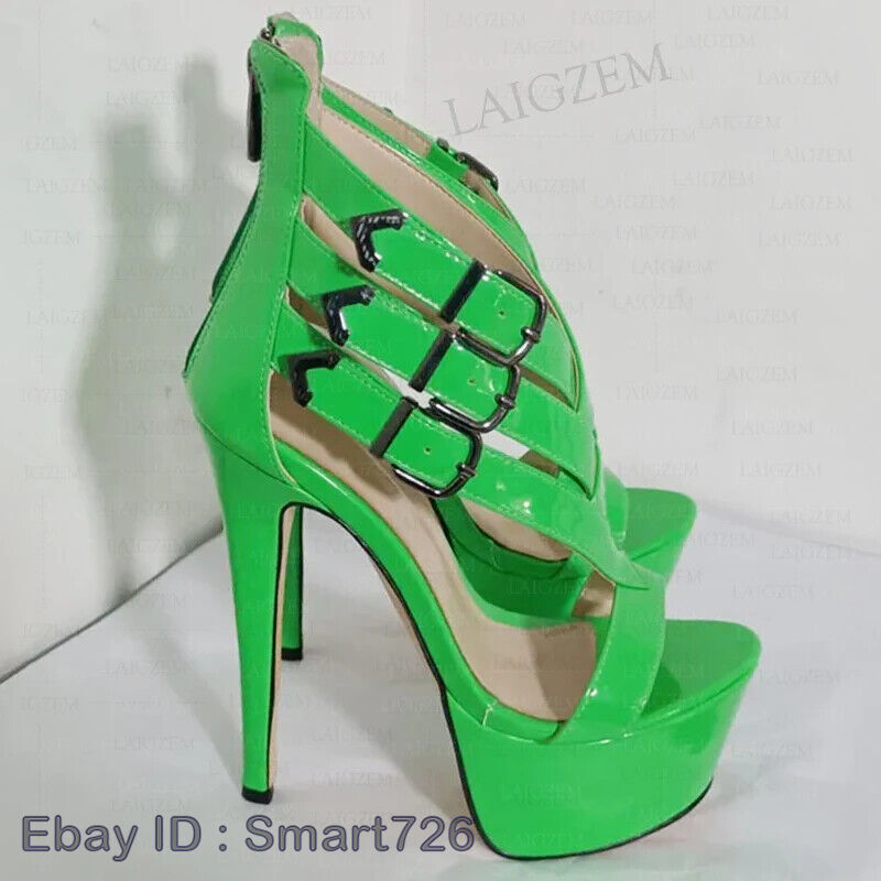 Women Platform Sandals Open Toe Back Zip Up Shiny Thin High Heels Pumps ...