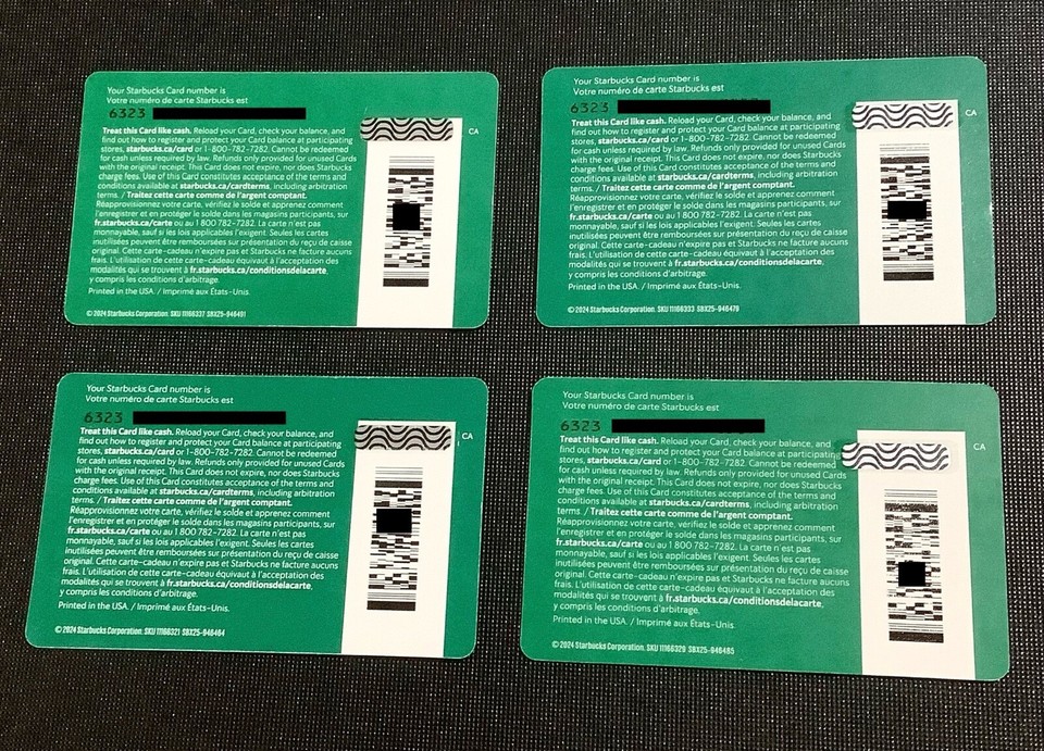 🇨🇦 CANADA 2024 STARBUCKS ( BARCODE ) #6323 GIFT CARD — LOT OF 4 CARDS ...