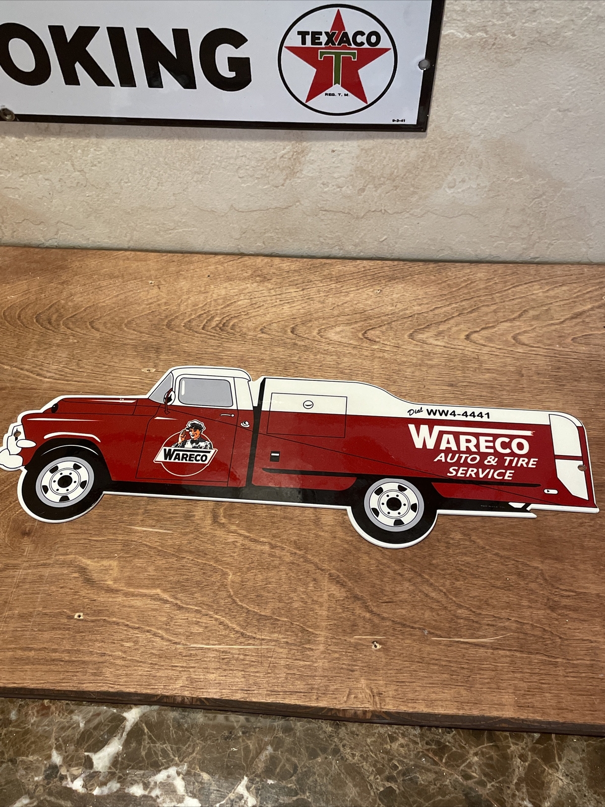 VINTAGE ''WARECO DEALER TRUCK'' GAS & OIL 16X5 INCH PORCELAIN DEALER ...