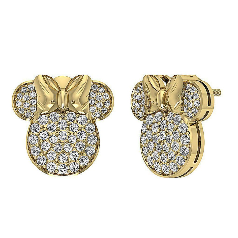 VVS1 F 1.20Ct Natural Diamond Minnie Mouse Earrings Stud 14K Gold Pave ...