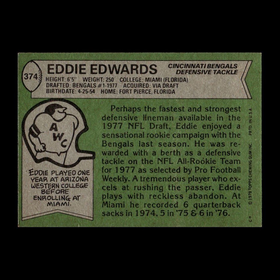 Eddie Edwards 1978 Topps Rookie Cincinnati Bengals #374 R309C 3 | eBay