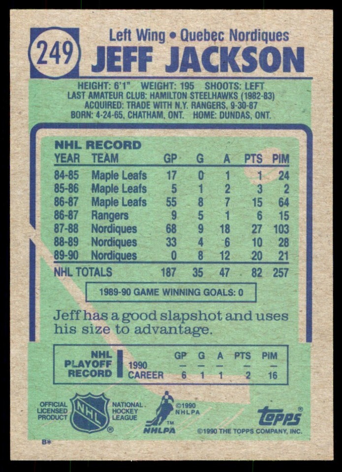 1990-91 Topps Jeff Jackson Quebec Nordiques #249 LP | eBay