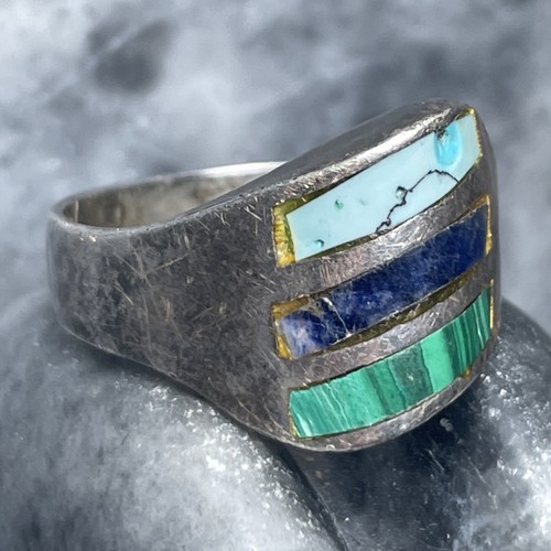 Vintage Mexico Howlite, Lapis, & Malachite Inlay Sterling Silver Ring ...