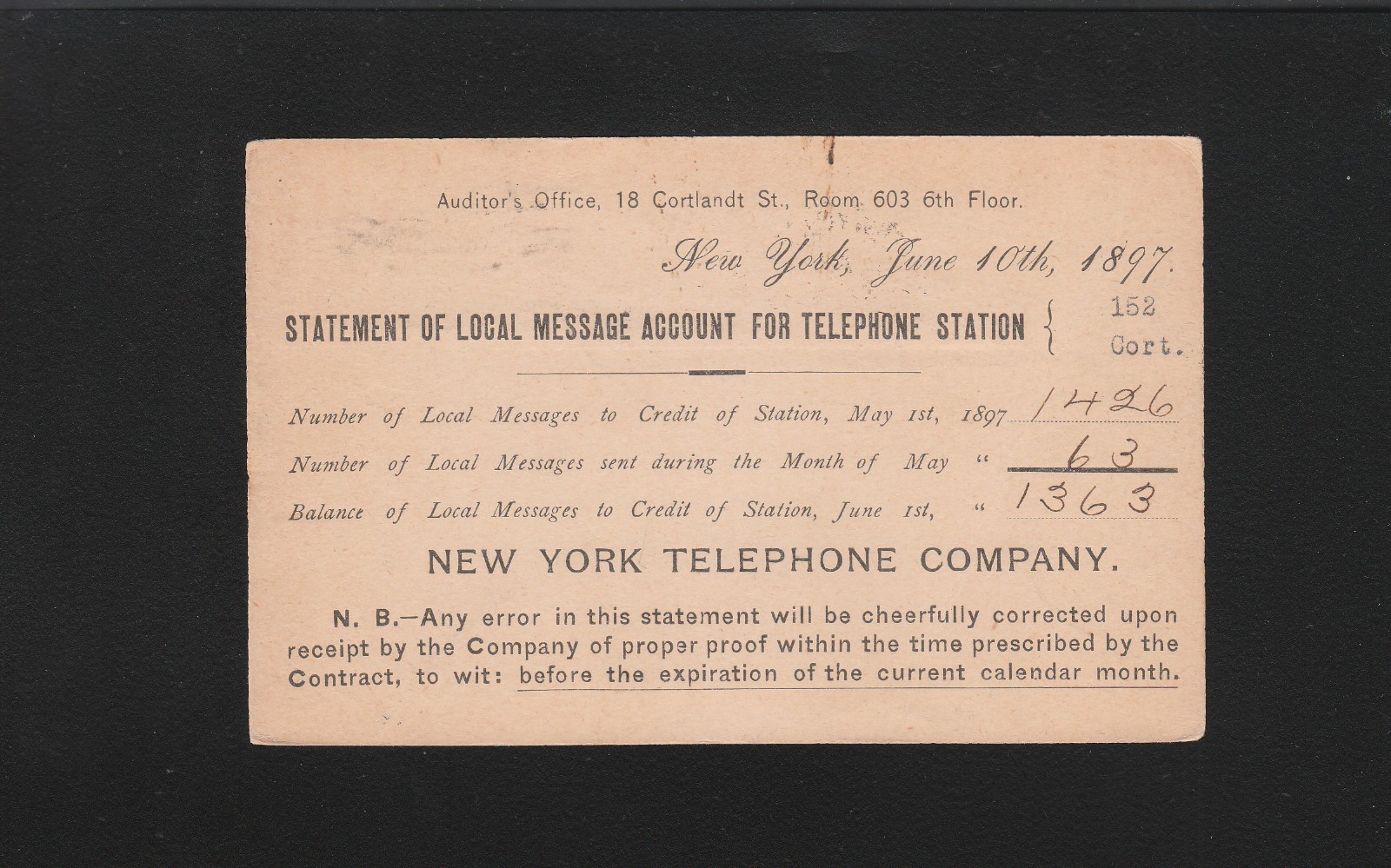 New York Telephone Co 1897 PrePrint Call Tally Jefferson Postal Card 4r ...