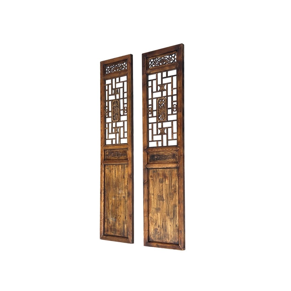 Pair Vintage Tall Flower Bird Geometric Pattern Raw Wood Door Panels ...