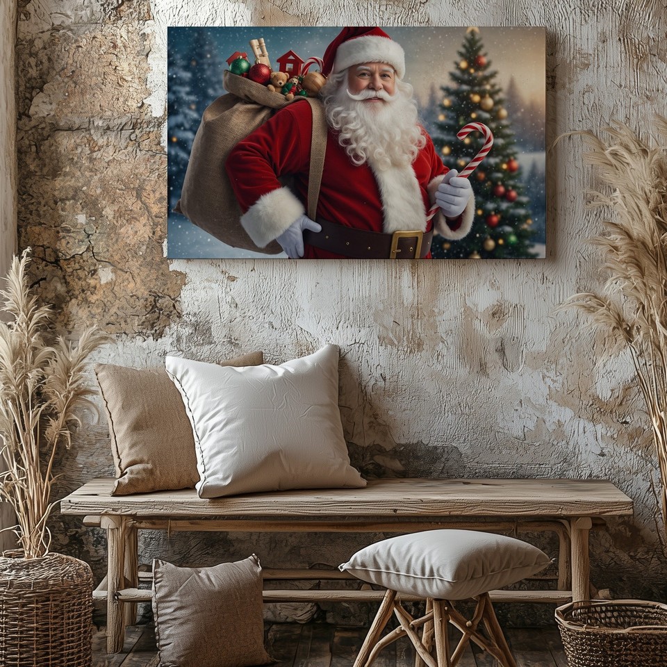 Jolly Santa Claus Stands In A Snowy Winter Scene Adorned In Wall Art ...